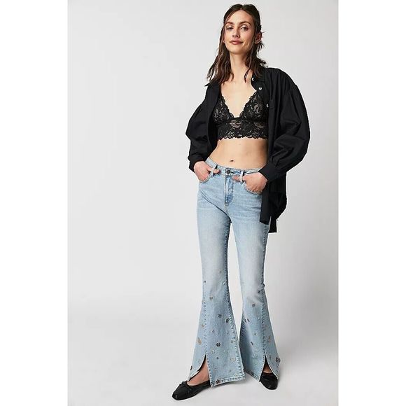 Free People | Pants & Jumpsuits | Free People Driftwood Farrah Embroidered Slit Flare Jeans ...